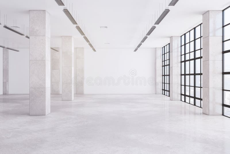 Modern Spacious Concrete Interior with Empty Mock Up Place, Windows and ...