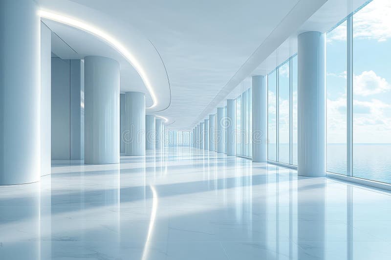 Modern Spacious Corridor with Large Windows and Reflective Marble ...