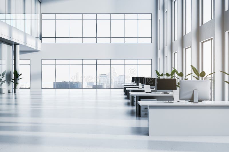 Modern Spacious Coworking Office Interior with Panoramic Windows Stock ...