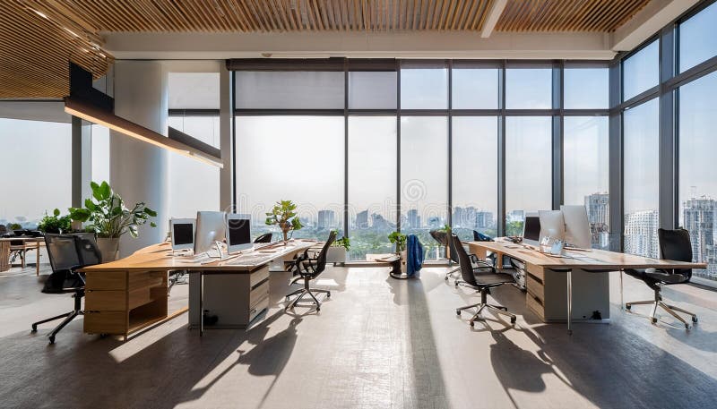 Modern Spacious Coworking Office Interior with Windows, City View and ...