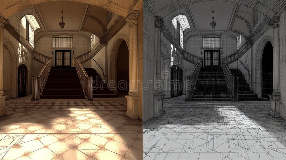 Modern Spacious Entryway Blending Realism and Sketch Elements Creating ...