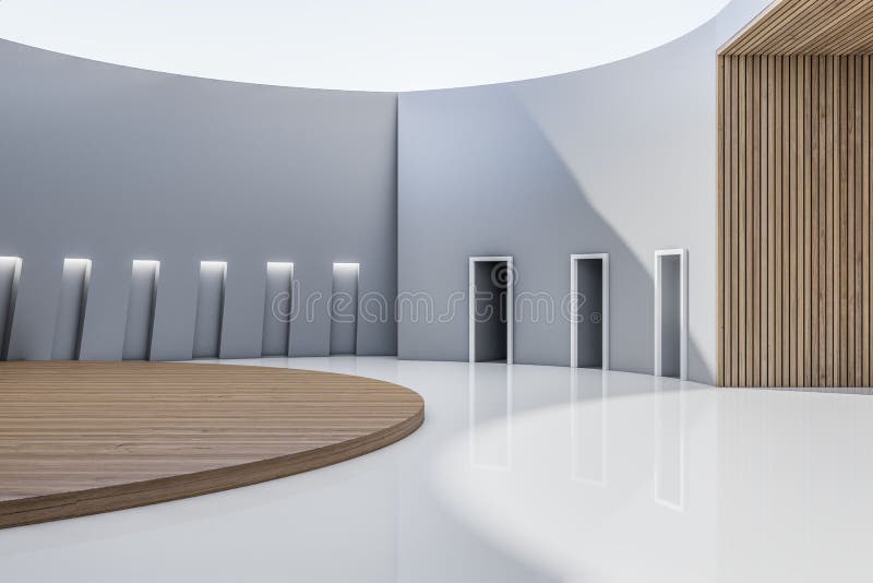 Modern Spacious Gallery Interior with Reflections and Wooden Details ...