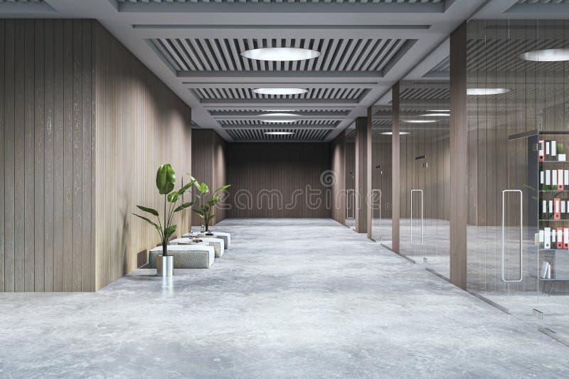 Modern Spacious Glass Coworking Office Interior with Various Objects. Stock Illustration ...