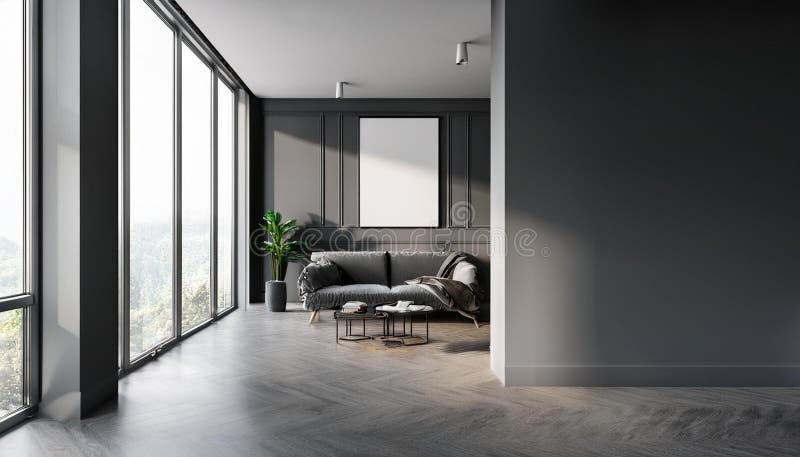 Modern Spacious Gray Interior with Mock Up Place. 3D Rendering Stock Illustration - Illustration ...