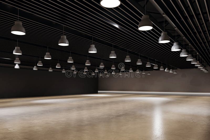 Modern Spacious Hall with Dark Walls, Concrete Floor, and Hanging ...