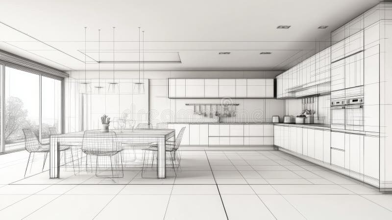 A Modern Spacious Kitchen Dissolving into a 3D Grid and Sketch for ...