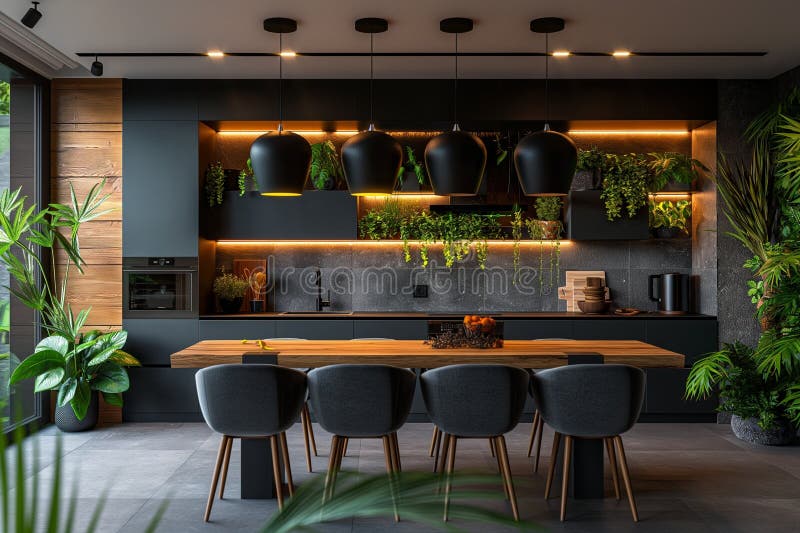 Modern, Spacious Kitchen, Large Table with Wooden Top and Indoor Plants ...