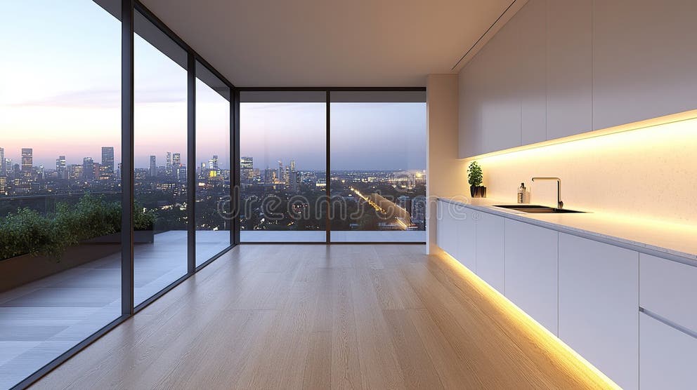 Modern, Spacious Kitchen with Panoramic City Views. Illuminated by Warm ...