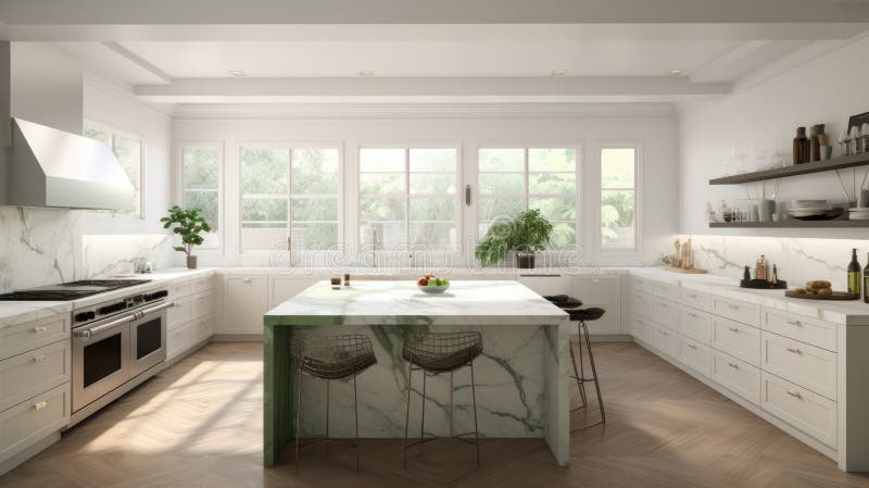 Modern Spacious Kitchen with White Fronts and Open Shelves, Marble ...