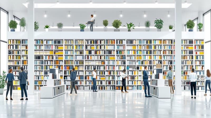 Modern, Spacious Library with High Bookshelves, Readers Exploring Books ...