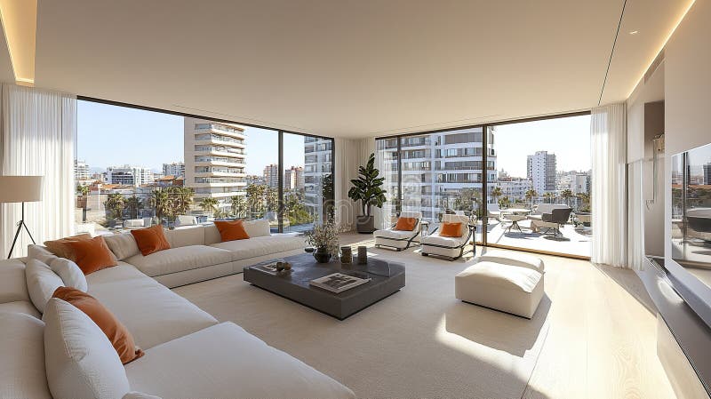 Modern, Spacious Living Area with Panoramic City Views Stock ...