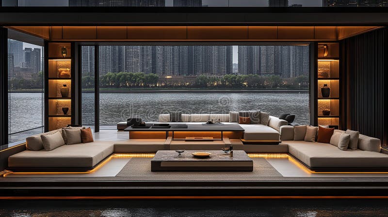 Modern, Spacious Living Area with Water Views, Featuring a Large ...