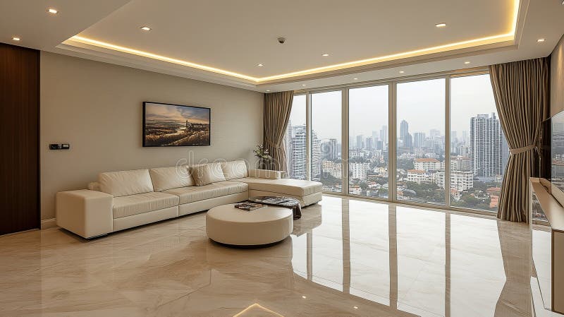 Modern, Spacious Living Room with City Views Stock Illustration ...