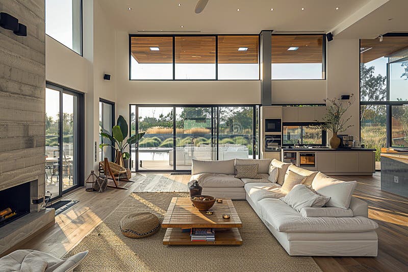 Modern Spacious Living Room with High Ceilings and Natural Light Stock ...