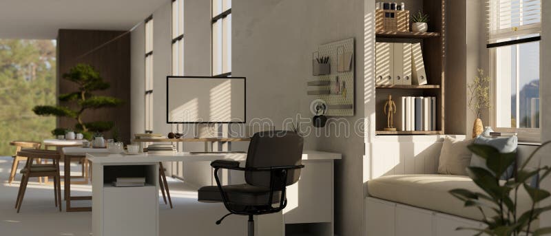 A Modern Spacious Living Room with Workstation and Relaxation Space ...