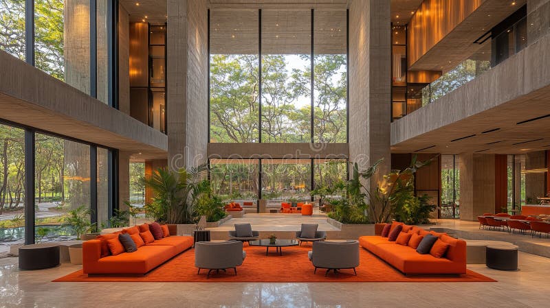 Modern, Spacious Lobby with Concrete Columns, Large Windows Showcasing ...