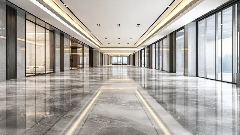 Modern, Spacious Lobby with Elegant Marble Flooring and Large Windows ...