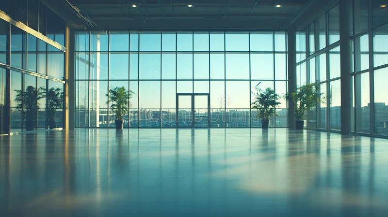 Modern Spacious Lobby with Panoramic City View Stock Illustration ...