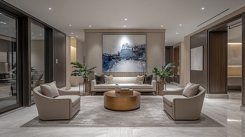 Modern, Spacious Lounge Area with Comfortable Seating, a Large Abstract ...