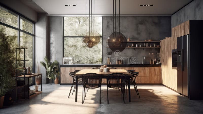 Modern Spacious Minimalistic Kitchen with Loft Elements with Large ...