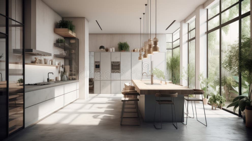 Modern Spacious Minimalistic Kitchen with Loft Elements with Large ...