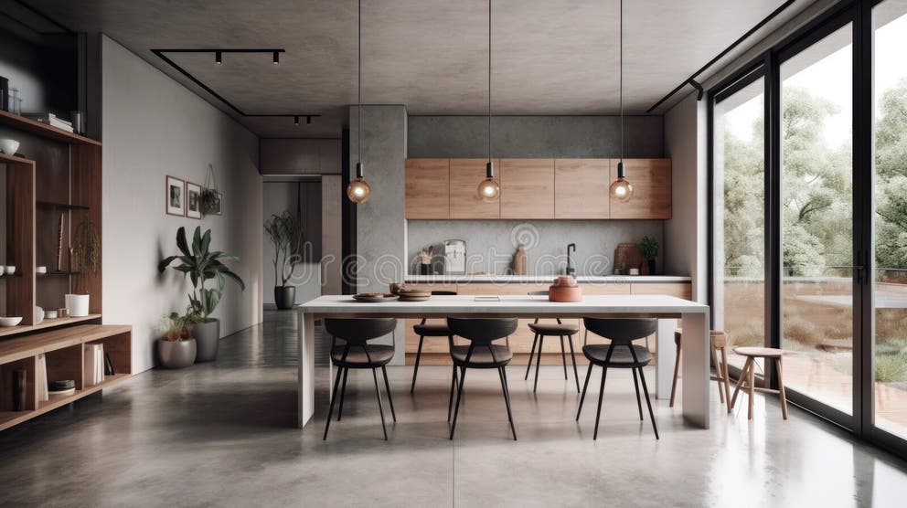 Modern Spacious Minimalistic Kitchen with Loft Elements with Large ...