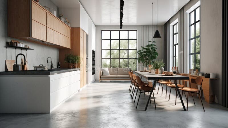Modern Spacious Minimalistic Kitchen with Loft Elements with Large ...