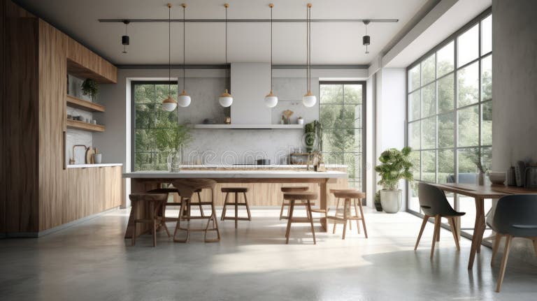 Modern Spacious Minimalistic Kitchen with Loft Elements with Large ...