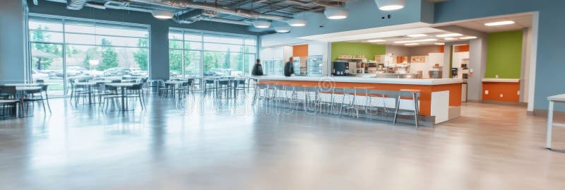 Modern, Spacious Office Cafeteria with Natural Light and Orange Accents ...