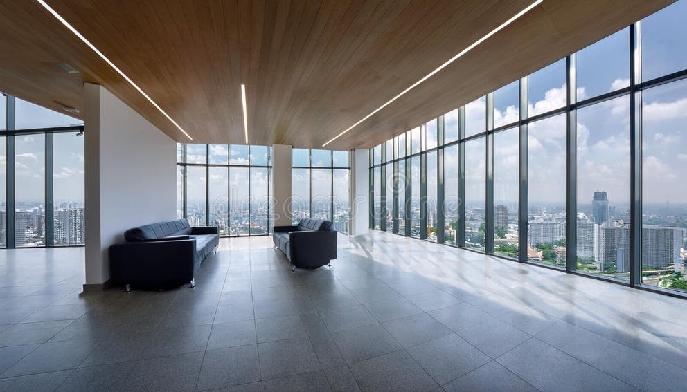 Modern Spacious Office Corridor with Reception Desk, Panoramic Windows ...