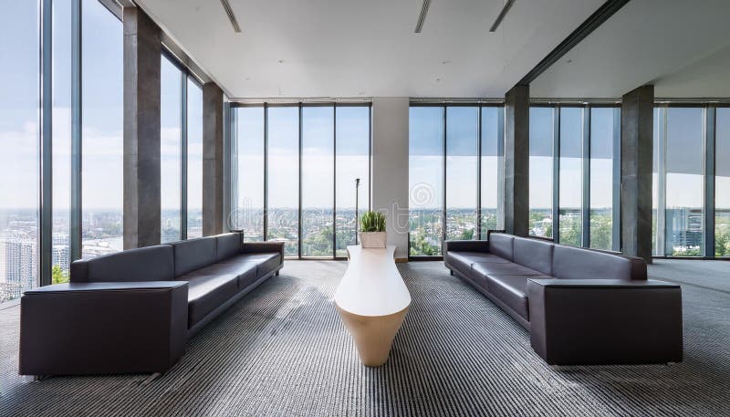 Modern Spacious Office Corridor with Reception Desk, Panoramic Windows ...