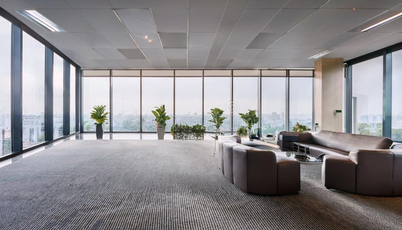 Modern Spacious Office Corridor with Reception Desk, Panoramic Windows ...