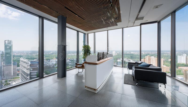 Modern Spacious Office Corridor with Reception Desk, Panoramic Windows ...