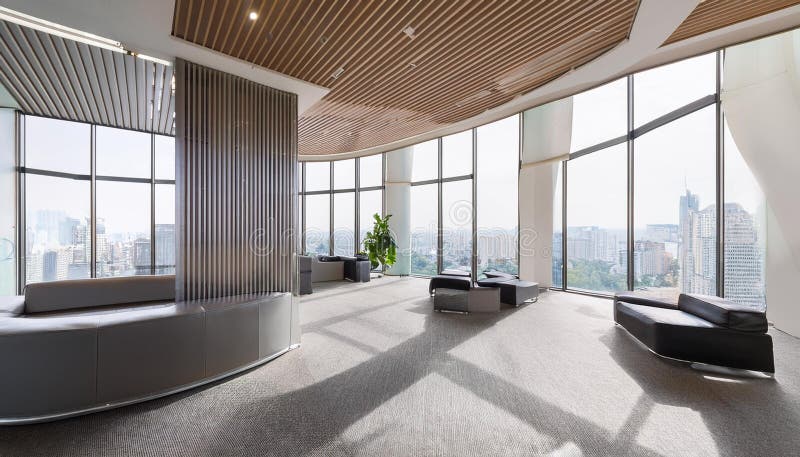 Modern Spacious Office Corridor with Reception Desk, Panoramic Windows ...