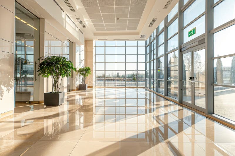 Modern Spacious Office Hall with Panoramic Windows in Natural Beige and ...