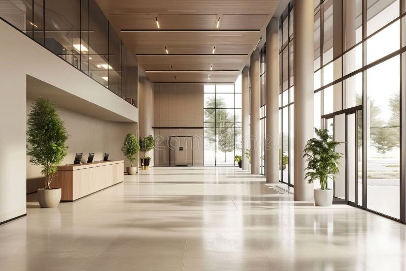Modern Spacious Office Hall with Panoramic Windows in Natural Beige and ...