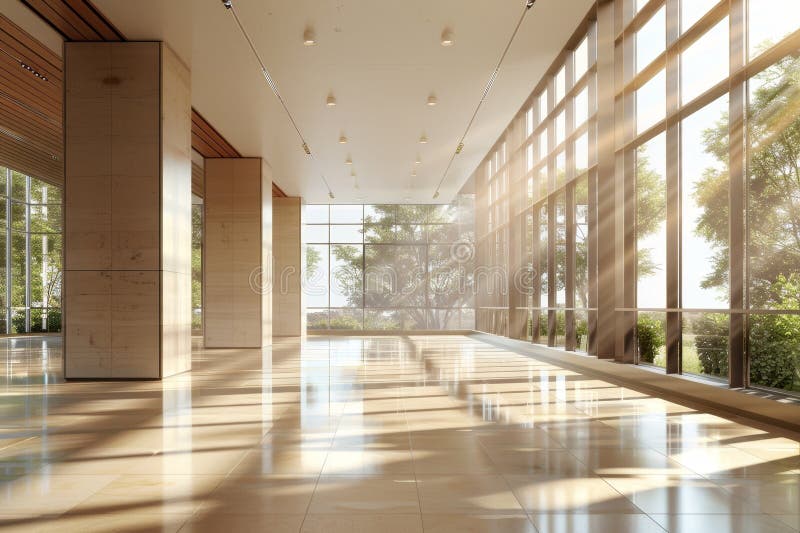 Modern Spacious Office Hall with Panoramic Windows in Natural Beige and ...