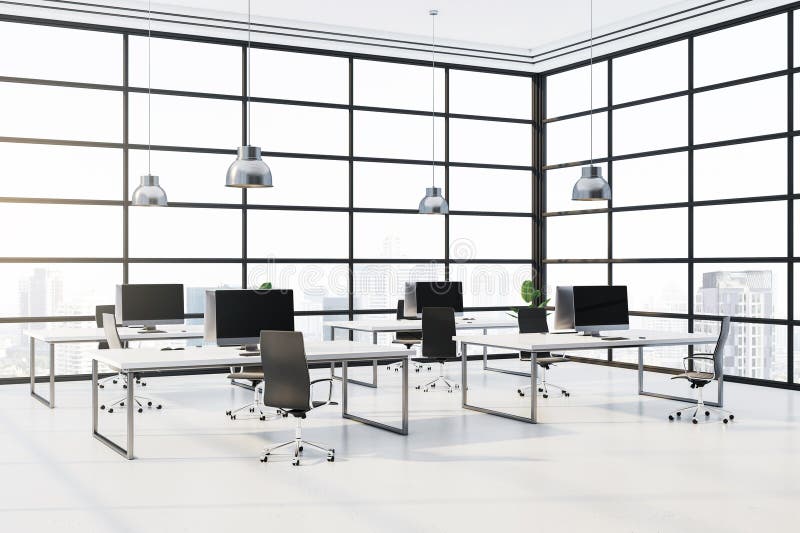 Modern Spacious Office Interior with Desks, Chairs, and Computers in a Bright Open Space with ...