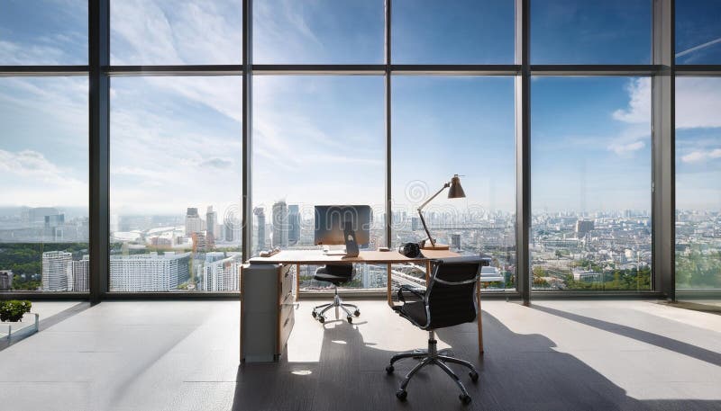 Modern Spacious Office Interior with Panoramic Windows and City View ...