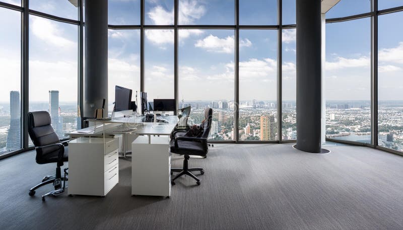 Modern Spacious Office Interior with Panoramic Windows and City View ...