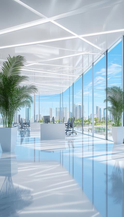 Modern, Spacious Office Interior with Panoramic Windows, City Views ...
