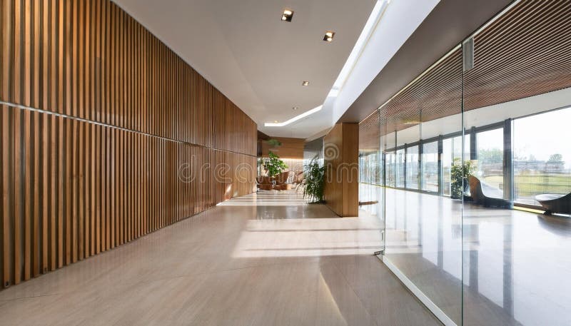 Modern, Spacious Office Lobby with Wooden Paneling and Glass Partitions ...