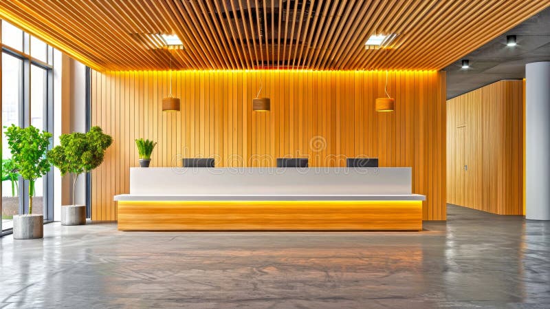 Modern Reception Area with Wooden Design Elements and Plants in ...