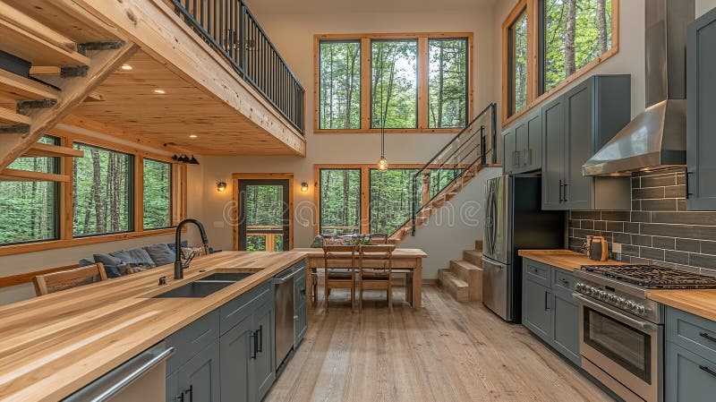 Modern, Spacious, Open-concept Cabin Kitchen and Living Area with ...