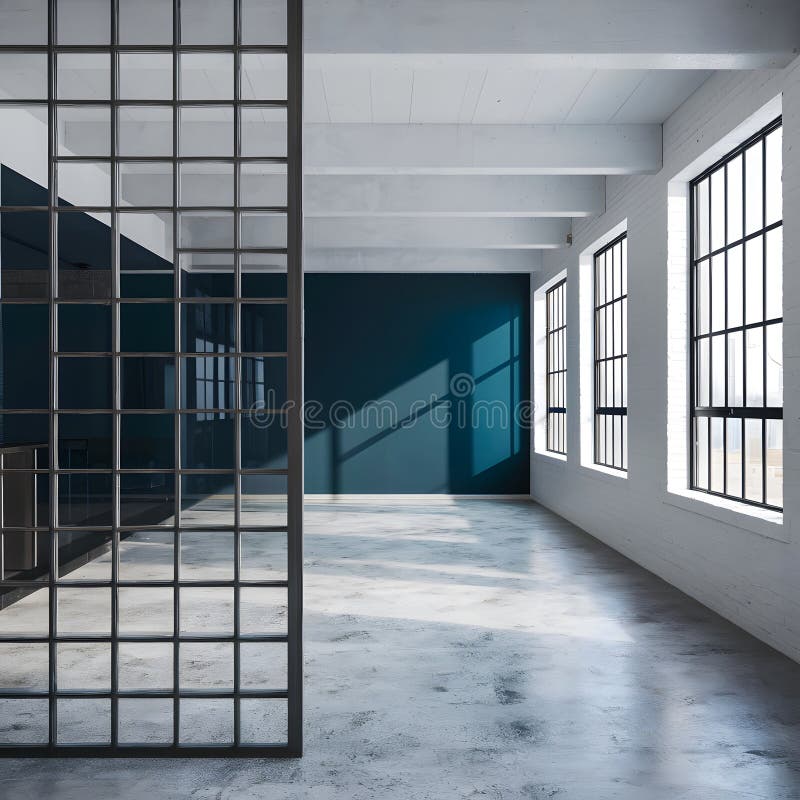 Modern Spacious Room with Large Windows, Unique Grid Pattern, Dark Blue ...