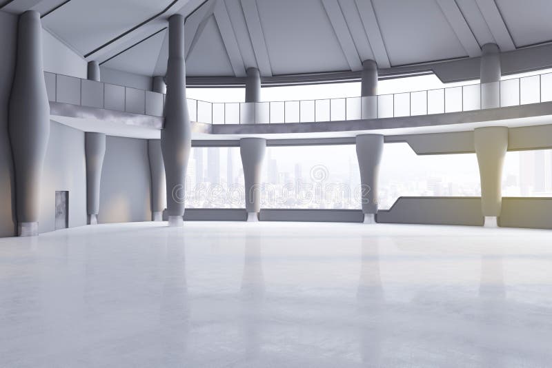 Modern Spacious Round Concrete Interior with Window, City View and ...