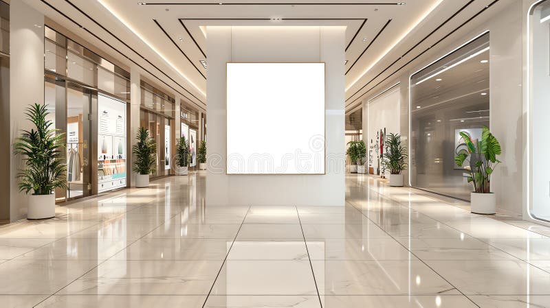 A Modern and Spacious Shopping Mall Corridor with a Blank Billboard ...