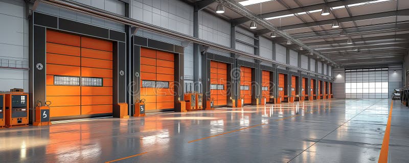 Modern Spacious Warehouse Interior with Shutters Stock Image - Image of ...