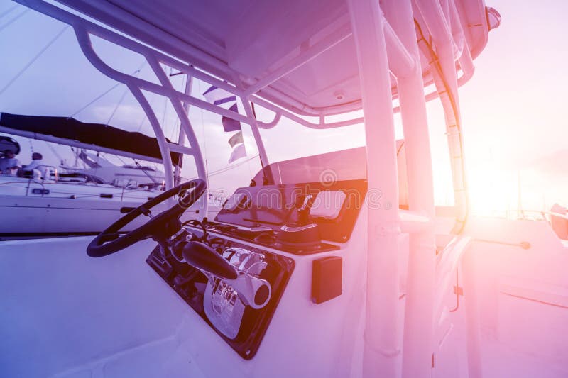 A Modern Speed Boat Yacht Steering Wheels. Stock Photo - Image of ...