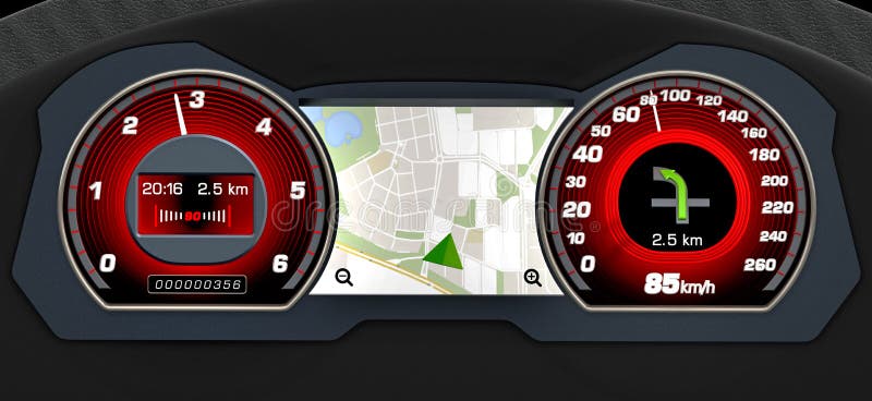 Modern Speedometer of a Car with Navigation Screen. 3D Illustration ...